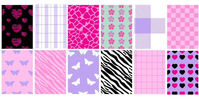 Y2k Glamour Pink Seamless Patterns. Backgrounds in Trendy Emo Goth ...