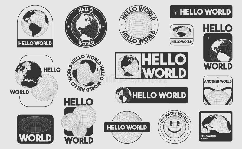Y2k Globe Stickers with Hello World Text Stock Vector - Illustration of ...