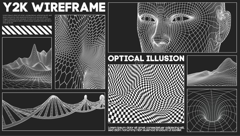 Y2K Wireframe Collage with 3D Digital Face, DNA Helix, Hexagonal Mesh ...