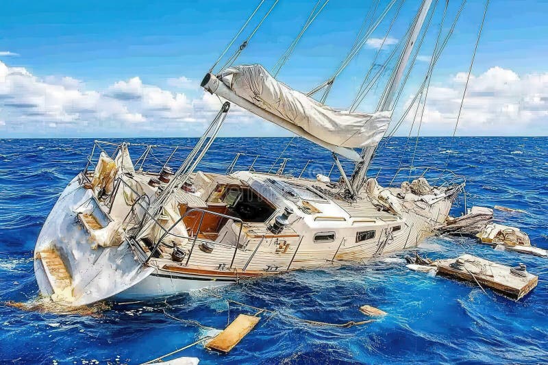 Yacht Sinking in Deep Blue Ocean Waters with Debris and Ripples ...