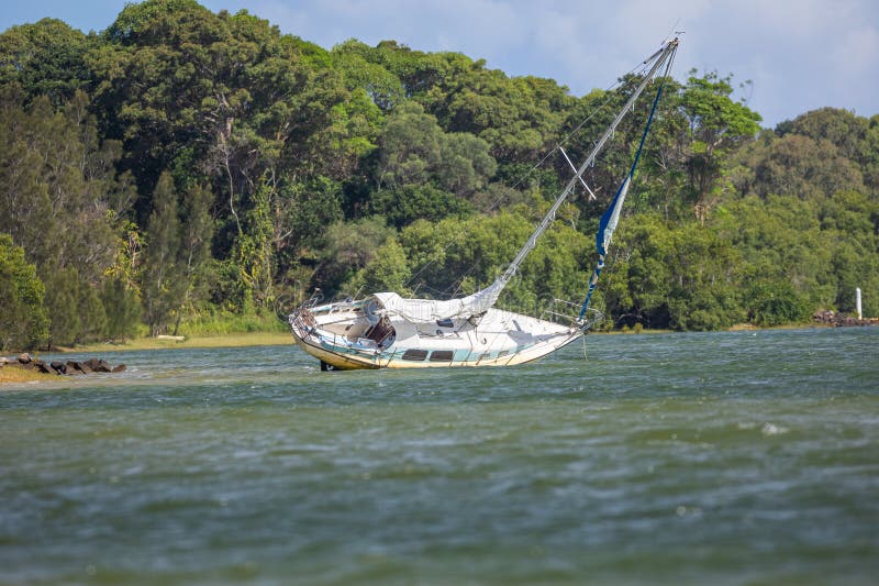 Yacht Run Aground in Bay Waiting for High Tide Stock Photo - Image of ...
