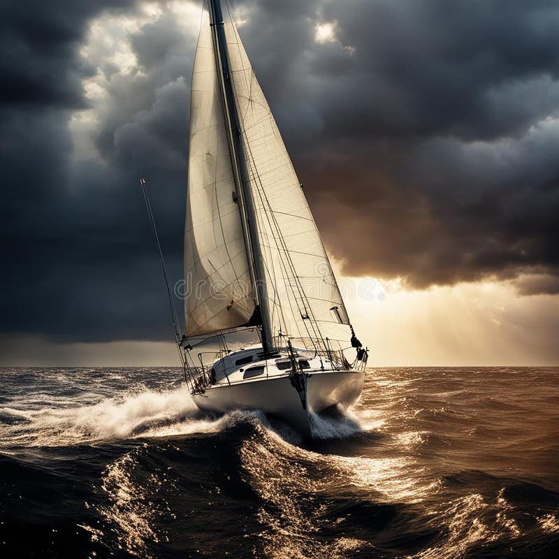 A Yacht with a Sail Sails into the Sea. Evening, Dark Sky Stock ...