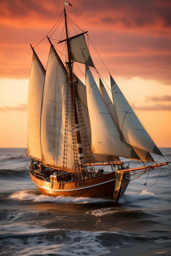 A Yacht with White Sails Sails on the Waves of the Ocean, at Sunset ...