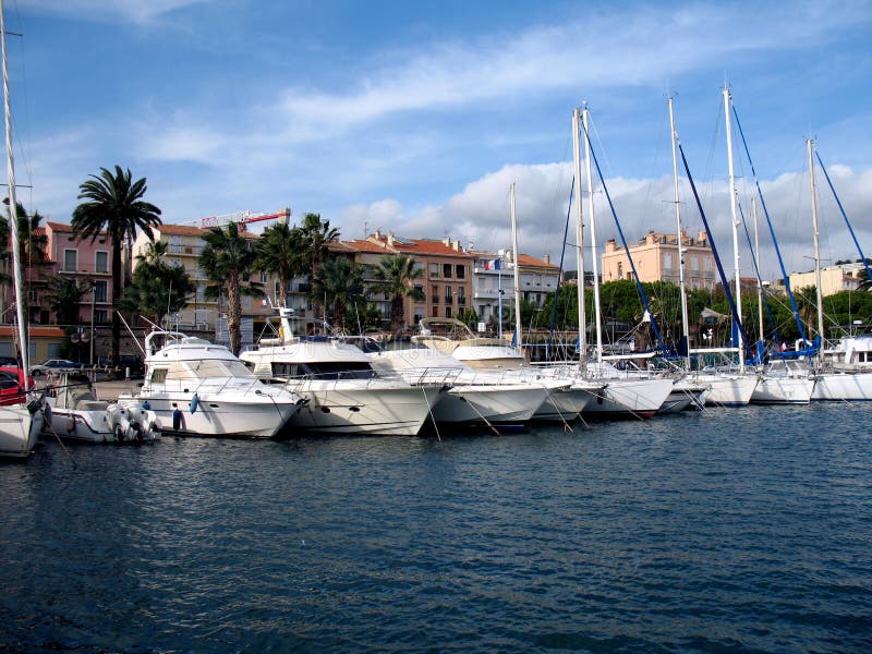 Tall Luxury Boats and Yachts Moored in Duquesa Port in Spain on Stock ...