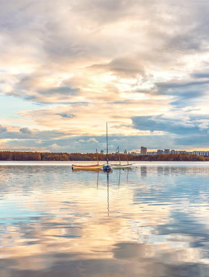 Yachts on the River. District Strogino. a Park. Mirror Reflection of ...