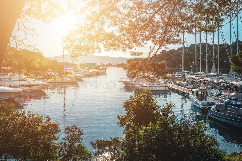 Yachts and Sailboat Moored in a Beautiful Natural Harbor Full of ...