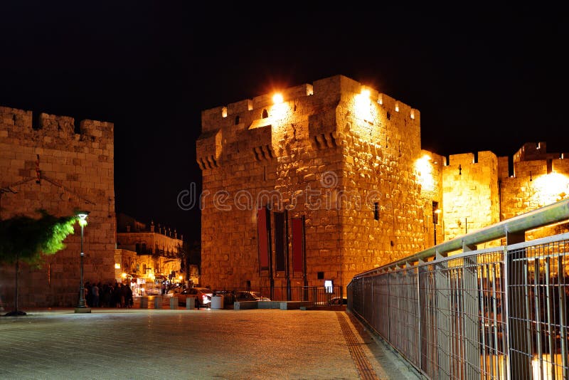 Damascus Gate Old City Jerusalem Night Light Stock Photo - Image of ...