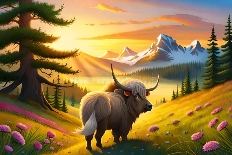A Yak Grazing in a Valley of Flowers during Sunset Stock Illustration ...