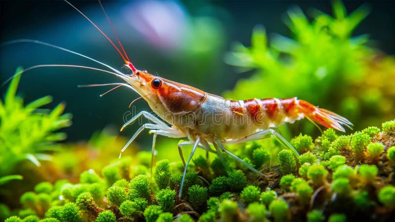 Yamato Shrimp Resting on Java Moss in Water Stock Illustration ...