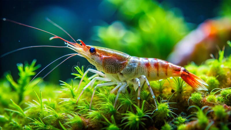 Yamato Shrimp Resting on Java Moss in Water Stock Illustration ...
