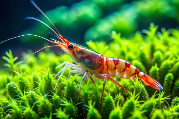 Yamato Shrimp Resting on Vibrant Green Java Moss Stock Illustration ...