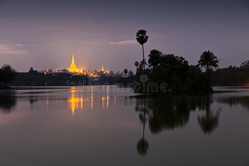 Sunset in the Front of the Lake, View of Shwedagon Pagoda, Yangon ...