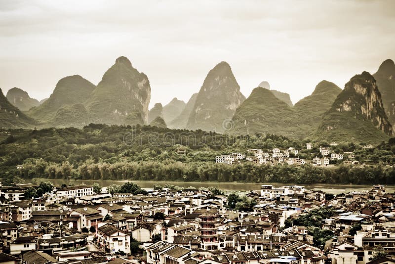Overlooking the Yangshuo County Town Stock Photo - Image of karst ...