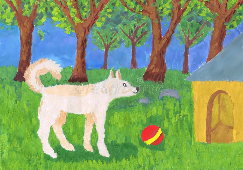 The Yard Dog Plays with the Ball. Children`s Drawing Stock Illustration ...