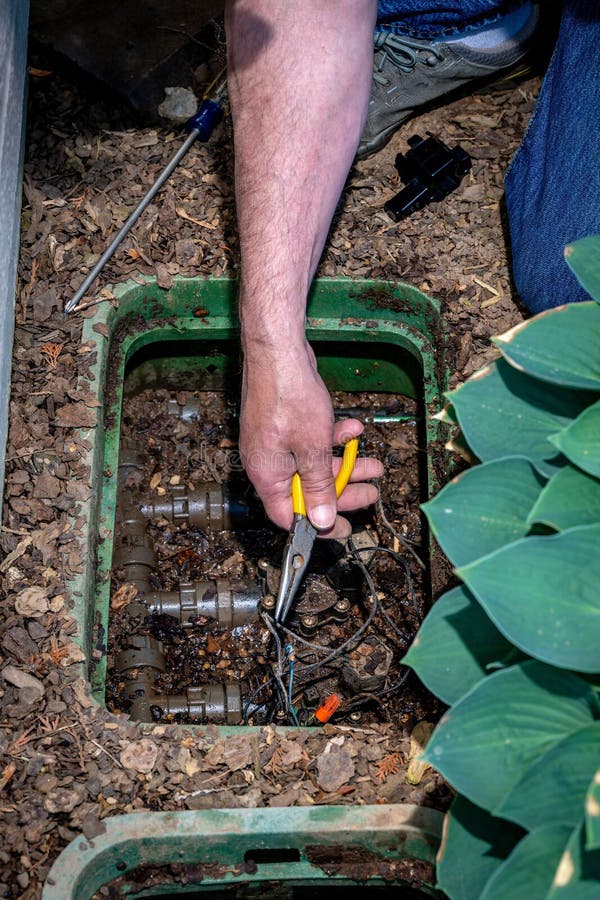 Yard Worker Works on Sprinkler Box Stock Image - Image of irrigation ...