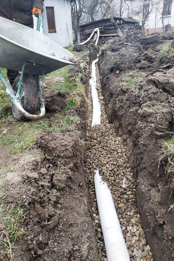In the Yard, Workers Carry Out Drainage Works for Draining Water Stock ...