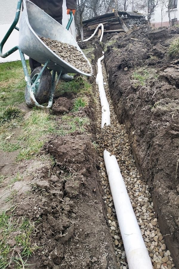 In the Yard, Workers Carry Out Drainage Works for Draining Water Stock ...