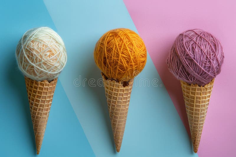 Yarn Balls in Ice Cream Cones on a Split Blue and Pink Background Stock ...