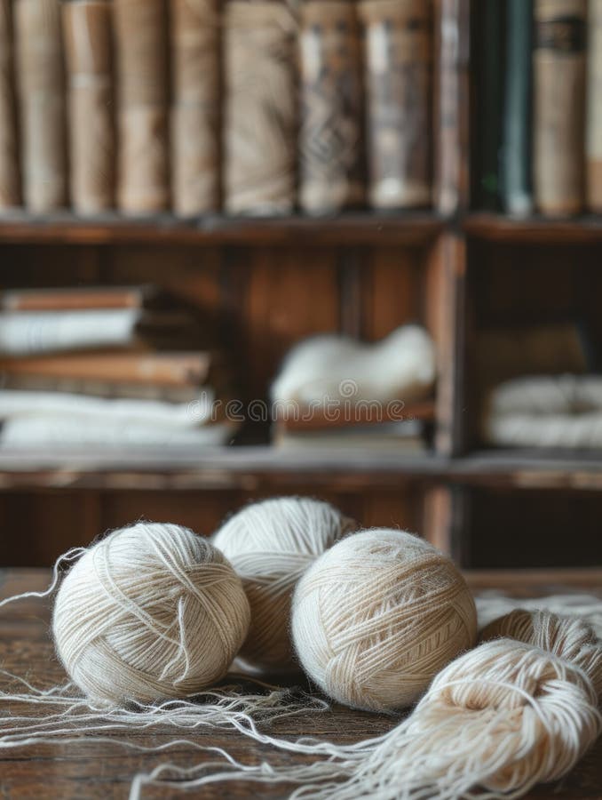 Yarn Balls on a Wooden Table with Shelves of Yarn in the Background ...