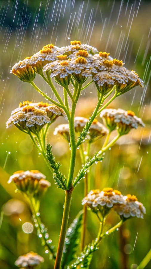 A Yarrow with Tiny, Densely Packed Flowers that Shimmer with Raindrops ...