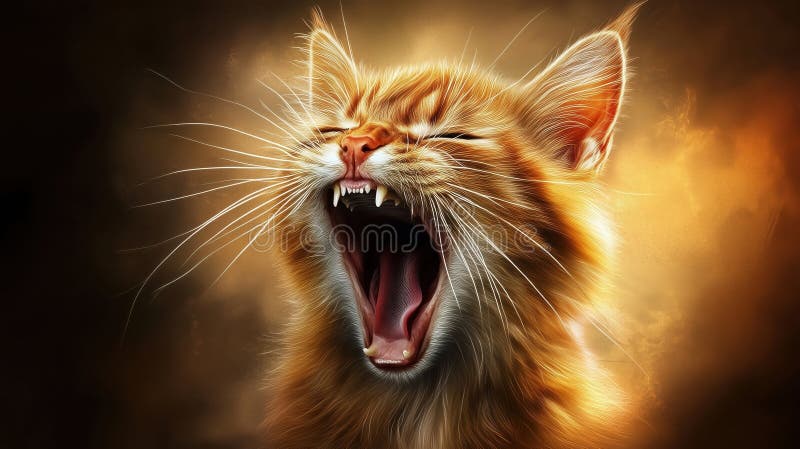 Yawning Orange Cat with Sharp Teeth, Intense Expression, Dramatic ...