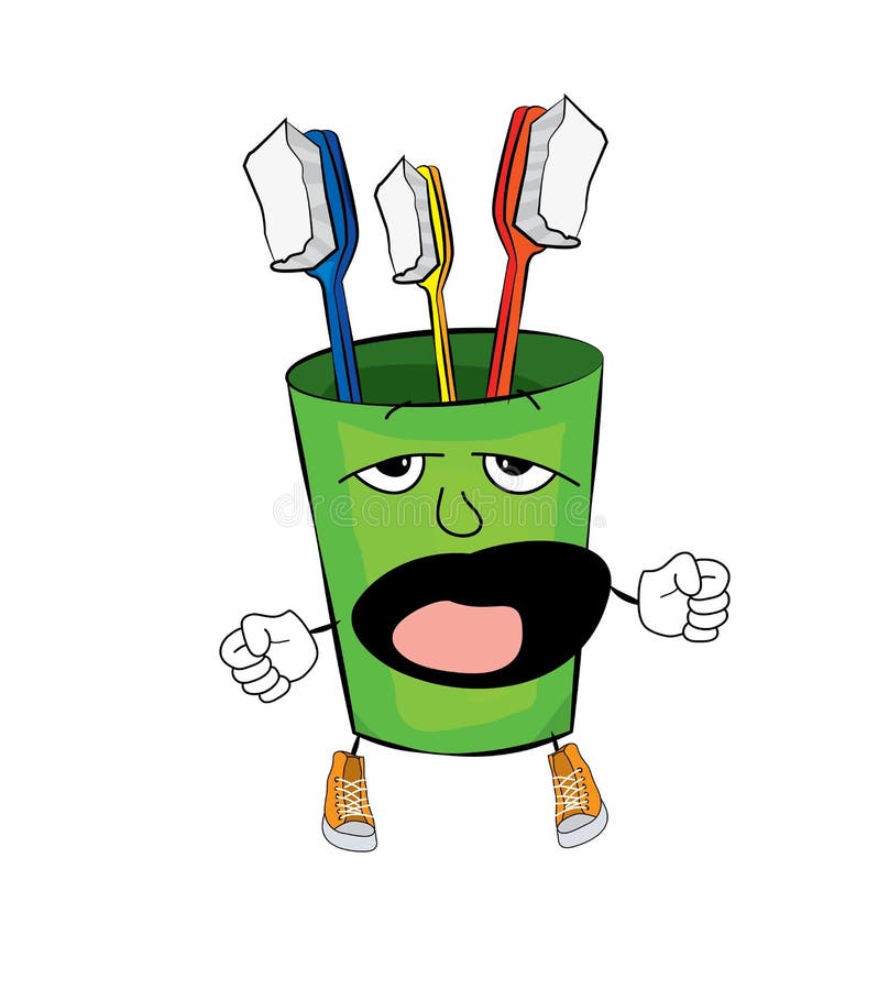 Yawning Toothbrushes in a Cup Cartoon Stock Illustration - Illustration ...