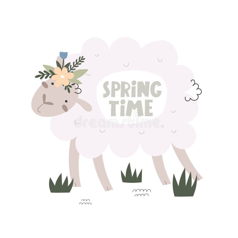 Spring Time. Cartoon Sheep, Flowers, Hand Drawing Lettering. Colorful ...