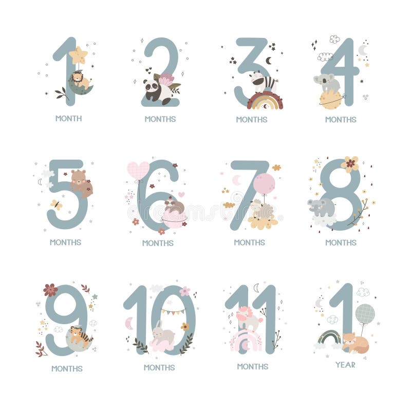 Cartoon Set with Baby Milestone Cards. Cartoon Animals, Numbers, Hand ...