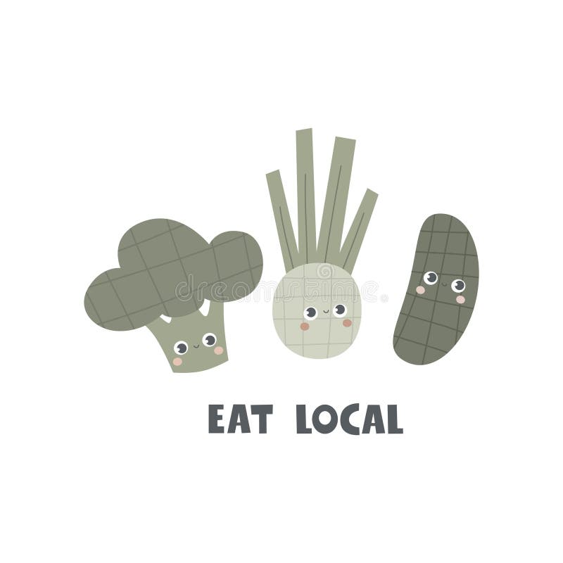 Eat Local. Cartoon Vegetables, Hand Drawing Lettering. Colorful Flat ...