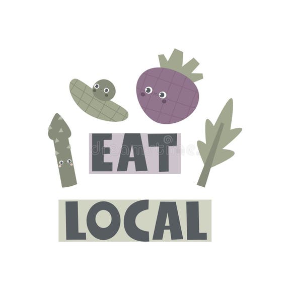 Eat Local. Cartoon Vegetables, Hand Drawing Lettering. Colorful Flat ...