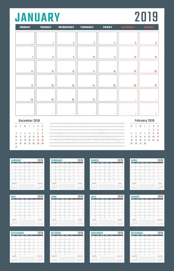 Calendar for 2019 Starts Monday, Vector Calendar Design 2019 Year Stock ...