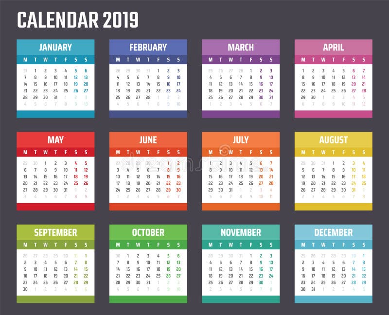 Calendar for 2019 Starts Monday, Vector Calendar Design 2019 Year Stock ...