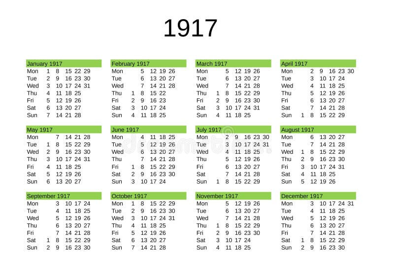 Year 1917 Calendar in English Stock Illustration - Illustration of 1917 ...