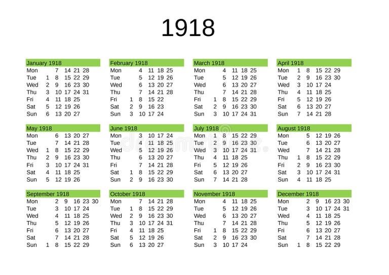 Year 1918 Calendar in English Stock Illustration - Illustration of ...