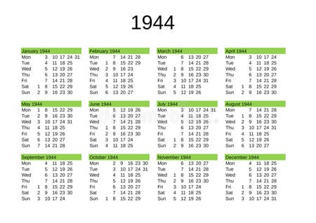 Year 1944 Calendar in English Stock Illustration - Illustration of 1944 ...