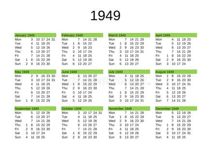 Year 1949 Calendar in English Stock Illustration - Illustration of year ...