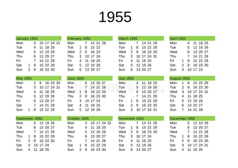 Year 1955 Calendar in English Stock Illustration - Illustration of ...