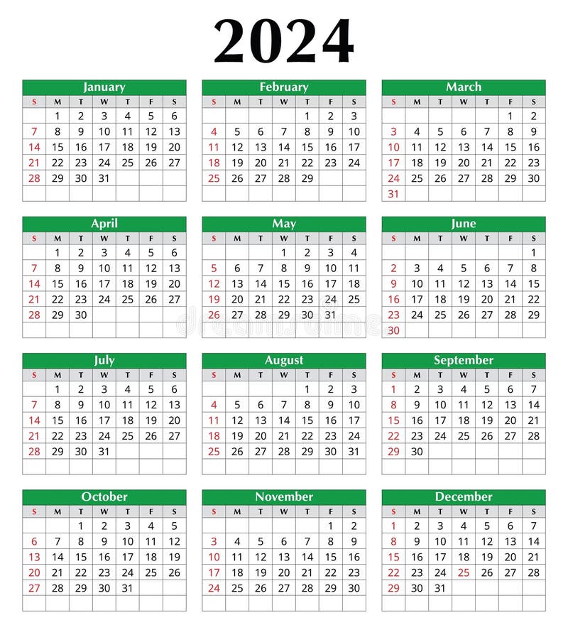 2024 Year Calendar. English, Vertical Stock Vector - Illustration of ...