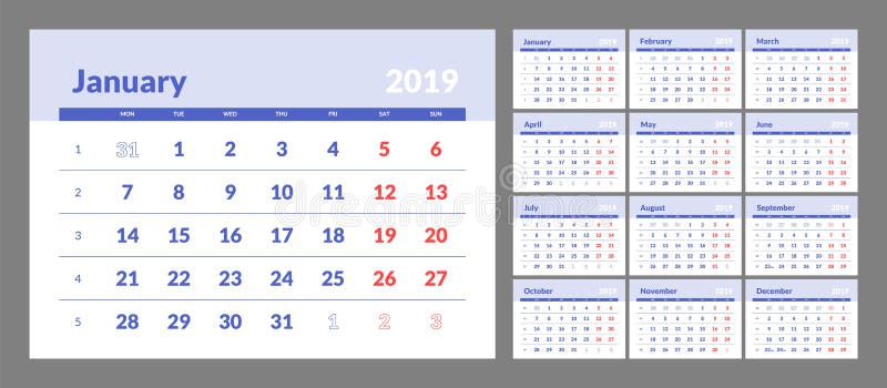 The Calendar for the 2019 New Year Printable Stock Vector ...