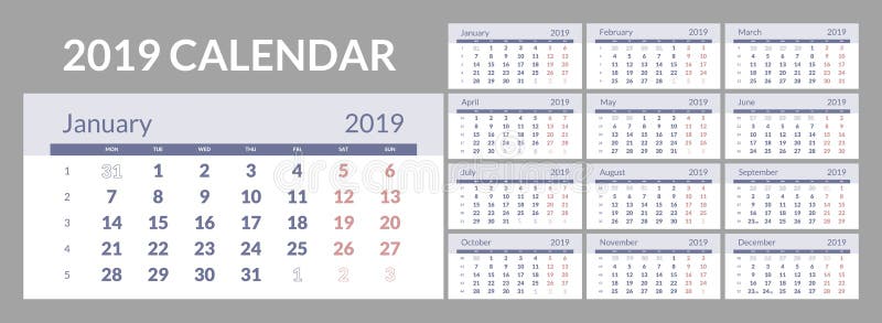 The Calendar for the 2019 New Year Printable Stock Vector ...