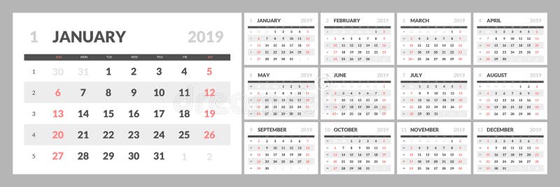 The Calendar for the 2019 New Year Printable Stock Vector ...