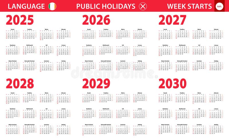 2025-2030 Year Calendar in Irish Language, Week Starts from Sunday ...