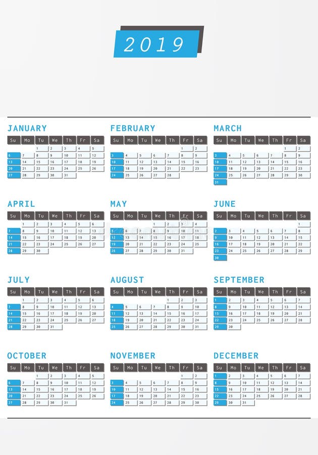 2019 Year Calendar Horizontal Design Stock Vector - Illustration of ...