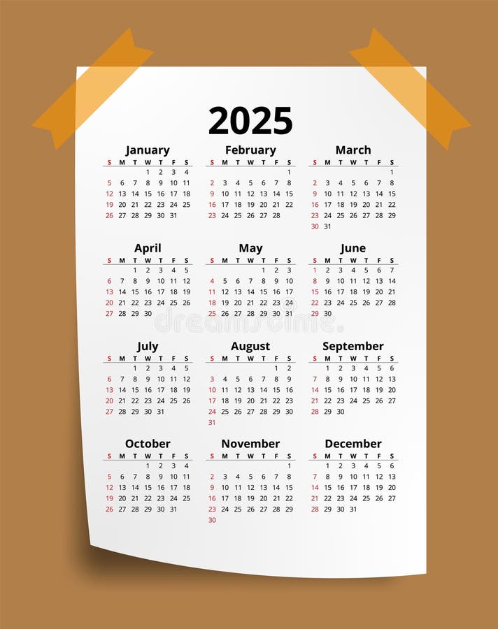 2025 Year Calendar on Page of Paper with Shadow. Vector Stock Vector ...