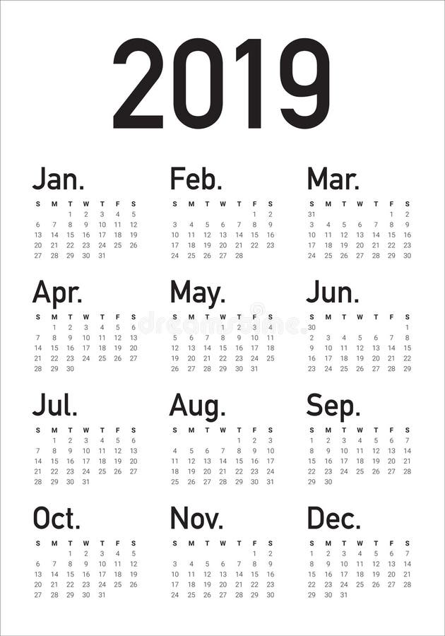 Year 2019 Calendar Vector Design Template Stock Vector - Illustration ...