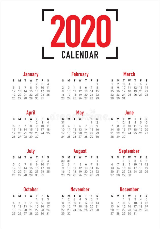 Year 2020 Calendar Vector Design Template Stock Vector - Illustration ...