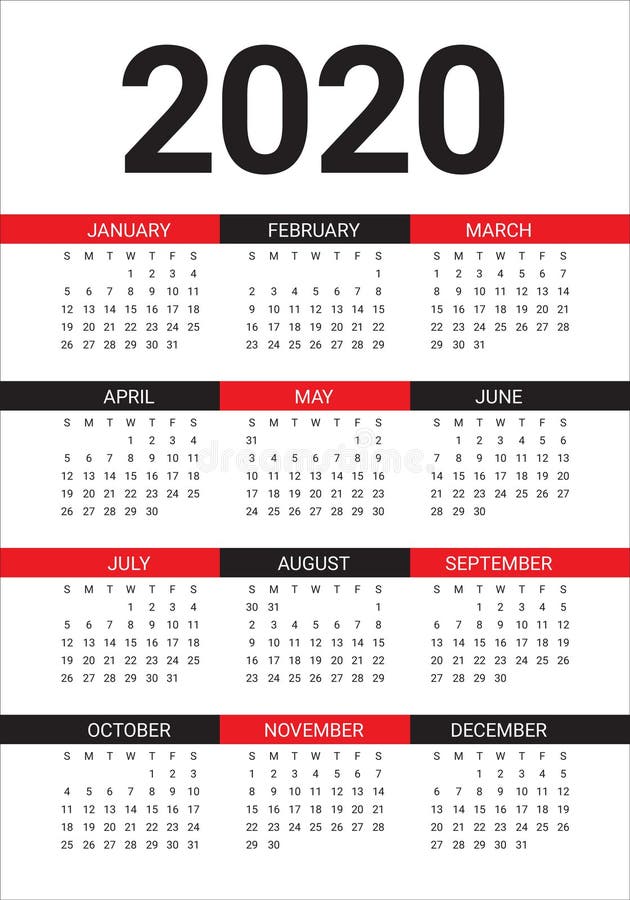 Year 2020 Calendar Vector Design Template Stock Vector - Illustration ...