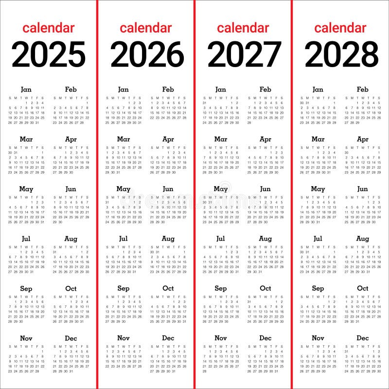 2025 2026 2027 2028 Year Calendar Vector Design Template Stock Vector ...