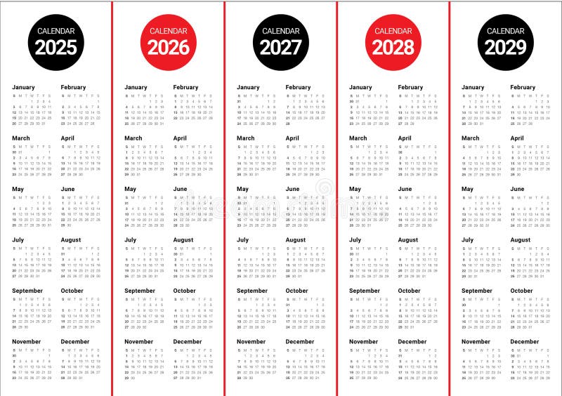 2025-2029 Year Calendar stock vector. Illustration of calendar - 343873206