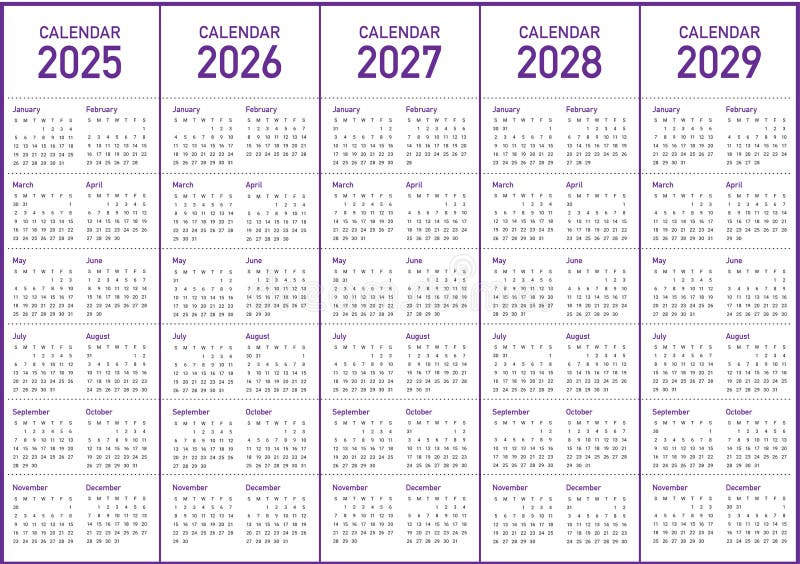 2025-2029 Year Calendar stock vector. Illustration of yearly - 343873257